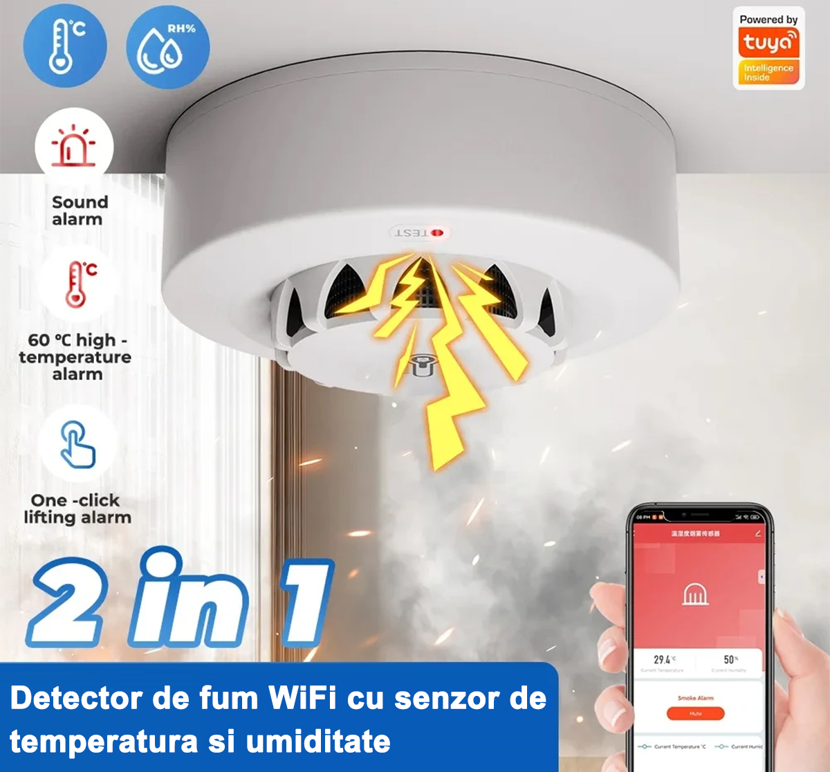 Detector si alarma de fum cu detectie temperatura inalta si umiditate ...