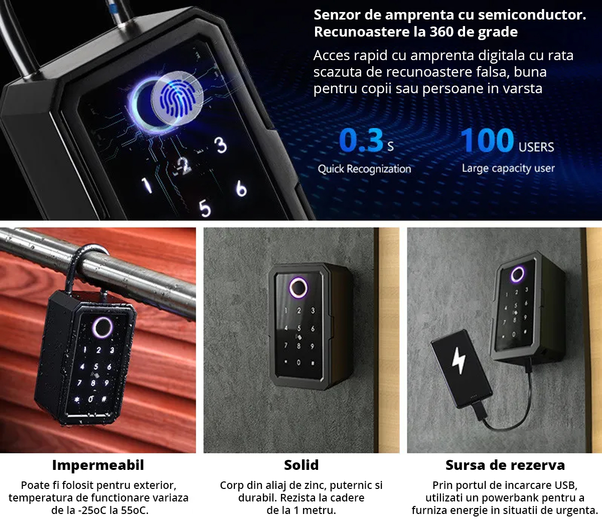 Seif de perete exterior pentru chei, Smart Key Box BLE, IP65, blocare ...