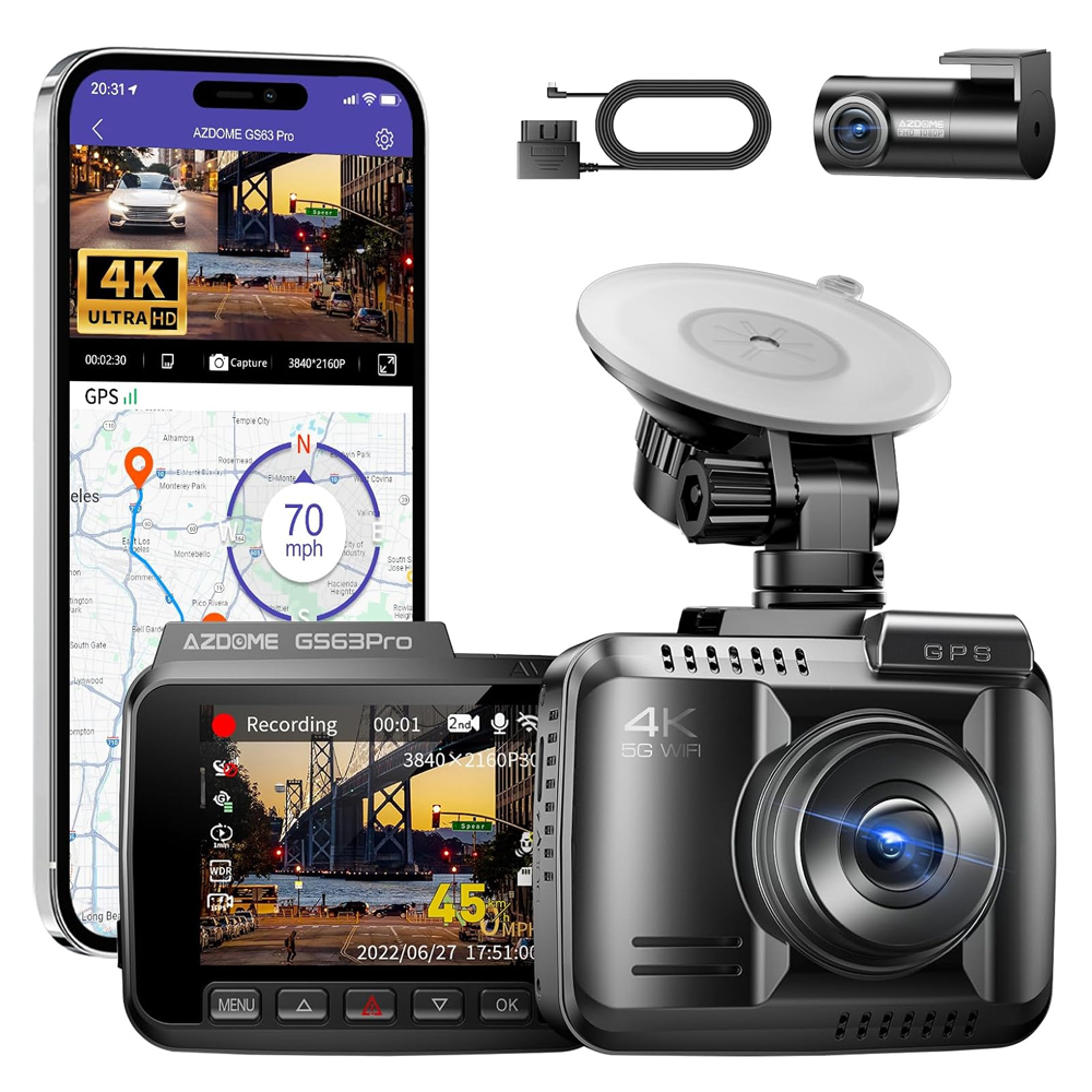 Camera auto de bord fata-spate, AZDOME GS63 Pro 4K + 2.5K, WiFi, Night Vision + WDR, 170°, GPS ...